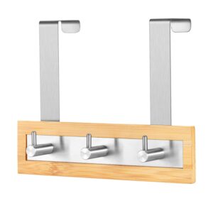 toilettree products bamboo stainless steel over-the-door towel hooks - durable coat, clothes, and towel rack to use in the bathroom, laundry room, and closet - 3 hooks