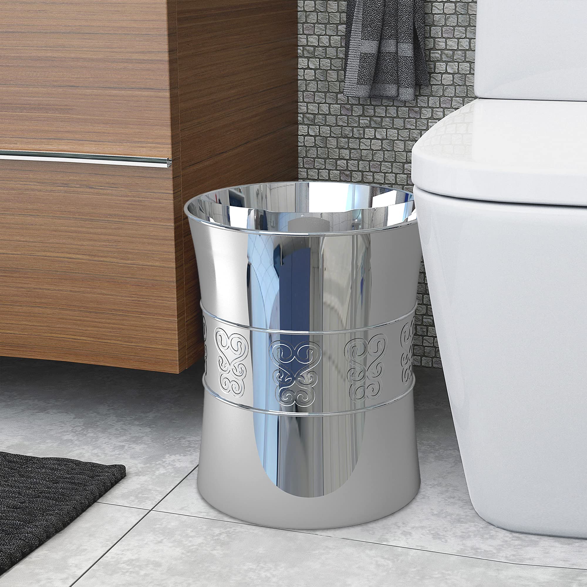 nu steel MG8H Stainless Steel Trash Can Wastebasket, Garbage Container Bin for Bathrooms, Powder Rooms, Kitchens, Home Offices Etched/shiny steel