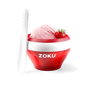 zoku ice cream maker, compact make and serve bowl with stainless steel freezer core creates soft serve, frozen yogurt, ice cream and more in minutes, bpa-free, red