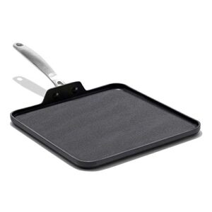 oxo enhanced 11" griddle pan, pfas-free ceramic nonstick, durable hard anodized cookware, scratch resistant, stainless steel handle, good grips, dishwasher/oven safe, black