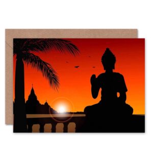 wee blue coo buddha statue zen sunset birthday art sealed greeting card plus envelope blank inside