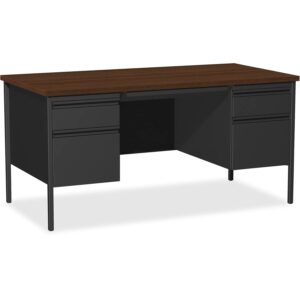 lorell fortress series double pedestal desk, 60" x 30" x 29.5", black steel frame with walnut top