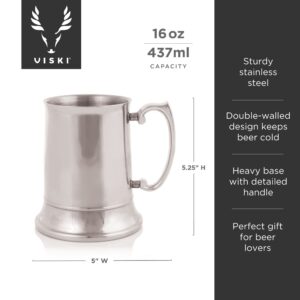 Viski Beer Mug, Metal Pint Glass with Handle, Double Walled Stein for Pilsners and Lagers, Stainless Steel 16 Oz Set of 1