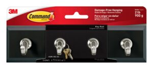 command key rail, holds up to 2 lb, 8-inch rail with 4 key hooks and 6 command strips, slate, removable key hooks for entryway or hallway, hang keys, hats, dog leashes, and accessories