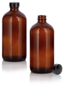 juvitus 16 oz amber glass boston round bottle with airtight black phenolic cap (2 pack)