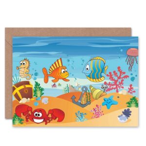 wee blue coo fish crab sea creatures kids blank greetings birthday card art