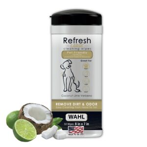 wahl usa pet refresh cleaning wipes for all dog breeds - use on ears, nose, paws, bottom, & sensitive areas - 50 wipes - model 820017a