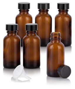 1 oz / 30 ml amber glass boston round bottle with airtight phenolic cap (6 pack) + funnel