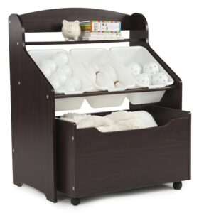 humble crew toddler-size storage unit with rolling toy box, espresso & white