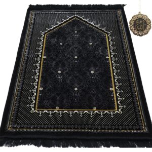 modefa turkish islamic velvet prayer rug - thick & wide soft carpet for men & women - large muslim salah mat - ramadan & eid gift - with car hanger - double plush topkapi (black)