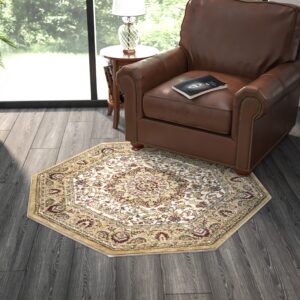 traditional octagon area rug design bellagio 401 ivory (4 feet x 4 feet)