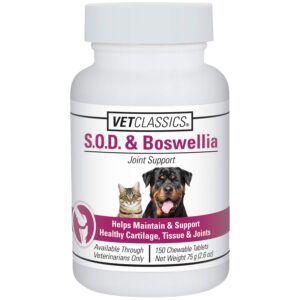 vet classics s.o.d. & boswellia joint support for dogs & cats, helps maintain & support healthy cartilage, tissue & joints, 150 chewable tablets