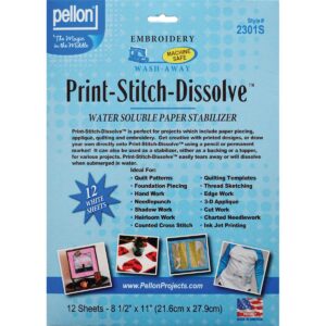 pellon 2301s print-stitch-dissolve stabilizer for embroidery, white, 8.5" x 11", 12 sheet ( pack of 1 )