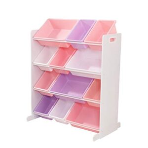 kidkraft wooden sort it & store it bin unit with 12 plastic bins - pastel & white, gift for ages 3+