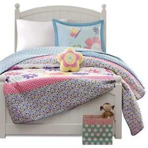 Mi Zone Kids Crazy Daisy Bedding For Girls Reversible Quilt Set - Sky Blue, Pink , Flowers, Butterfly, Polka Dots Reverse – Ultra Soft Microfiber Coverlet, Twin 3 Piece