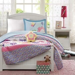 Mi Zone Kids Crazy Daisy Bedding For Girls Reversible Quilt Set - Sky Blue, Pink , Flowers, Butterfly, Polka Dots Reverse – Ultra Soft Microfiber Coverlet, Twin 3 Piece