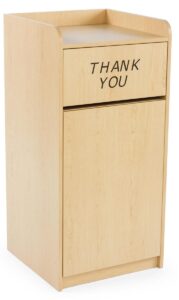 restaurant trash can, hinged door, 36 gallon, tray holder,"thank you" message (melamine)