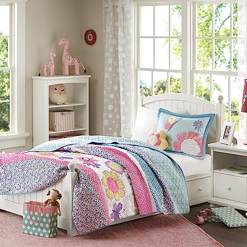 Mi Zone Kids Crazy Daisy Bedding For Girls Reversible Quilt Set - Sky Blue, Pink , Flowers, Butterfly, Polka Dots Reverse – Ultra Soft Microfiber Coverlet, Twin 3 Piece