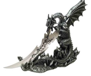 ebros medieval dreamwork fantasy dragon fire breath dagger letter opener knife with base holder statue home office decor figurine dungeons and dragons got obsidian blade