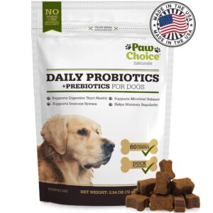 paw choice probiotics for dogs with prebiotics - daily chews for digestion, regularity, diarrhea relief, plus supports immune system and health - natural supplement and treat made in usa