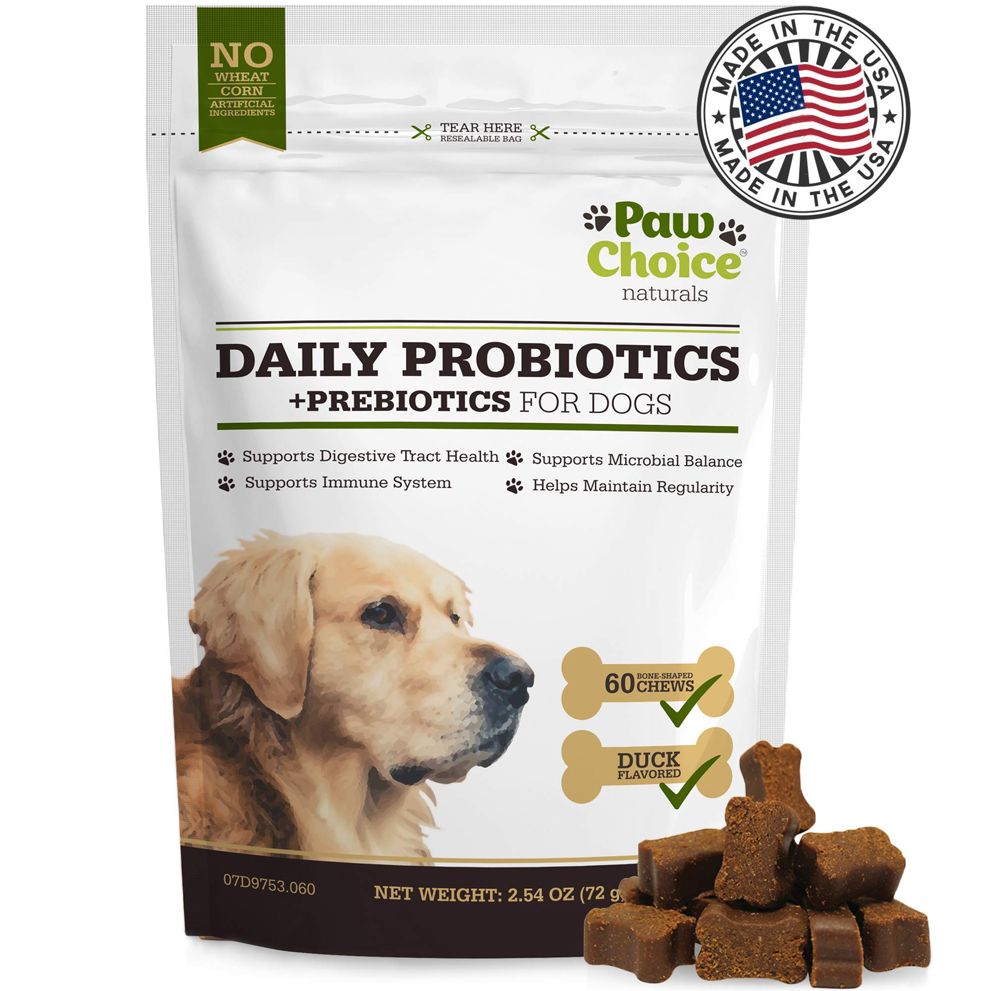 Paw Choice Probiotics for Dogs with Prebiotics - Daily Chews for Digestion, Regularity, Diarrhea Relief, Plus Supports Immune System and Health - Natural Supplement and Treat Made in USA