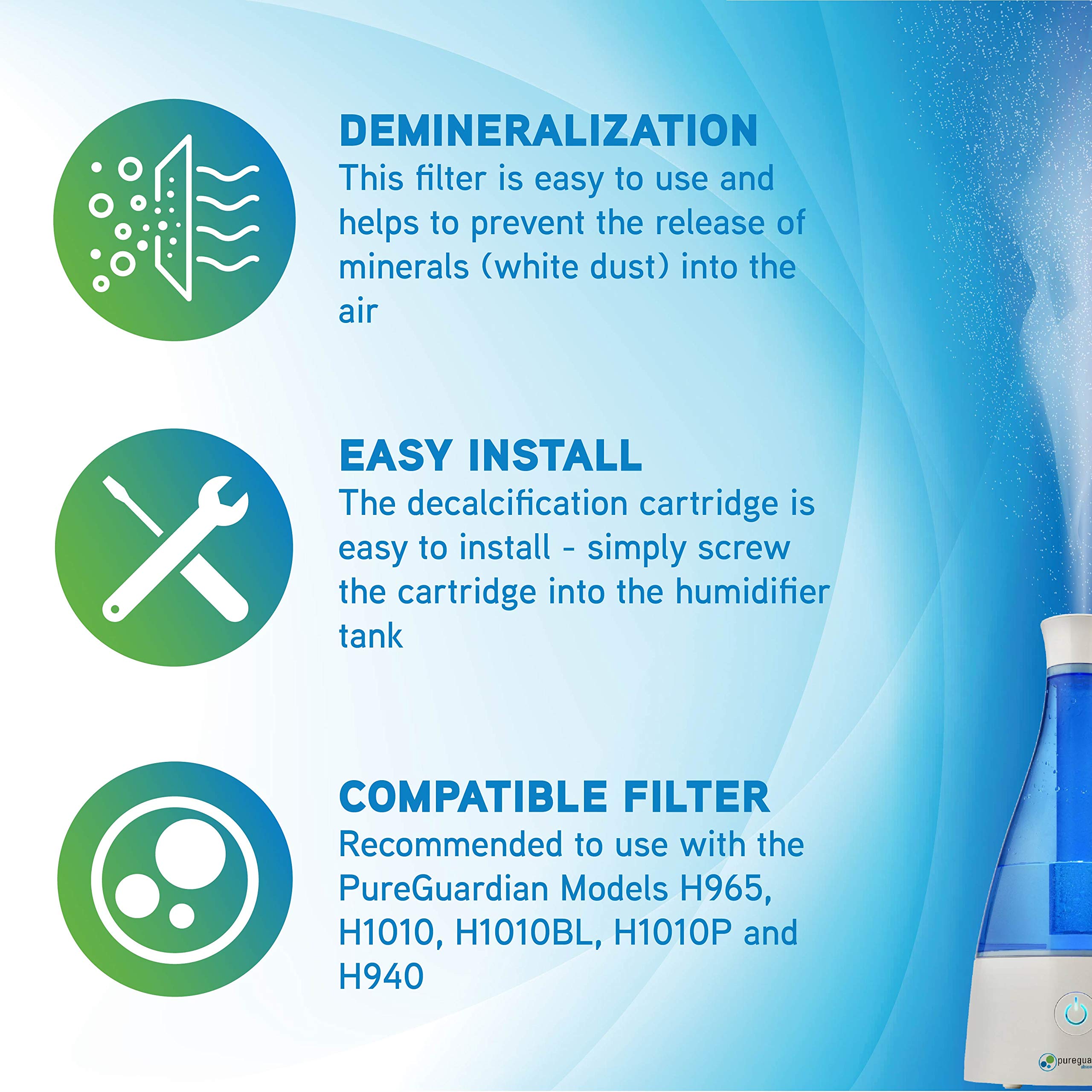 PureGuardian Humidifier Demineralization Filter, Number 3 Cartridge, Prevents Release of Minerals, Lasts 500 Hours, White, FLTDC30