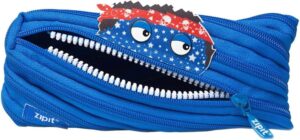 zipit monstar pencil case for boys, holds up to 30 pens, machine washable, made of one long zipper! (blue)