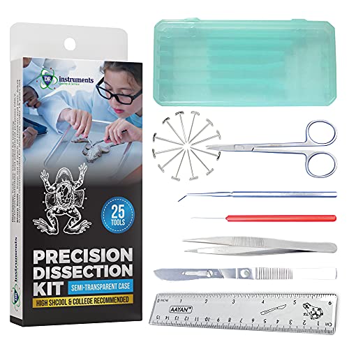 DR Instruments 61936PCT Precision Dissection Kit - 25-Piece Biology Kit - 8 Stainless Steel Instruments - Extra Blades & T-Pins - Biology Students & Faculty - Autoclavable Case in Assorted Colors