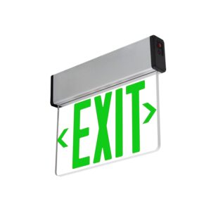 lfi lights | edge-lit green exit sign | modern design brushed aluminum housing | all led | single-sided clear acrylic panel | hardwired with battery backup | ul listed | elsm-g