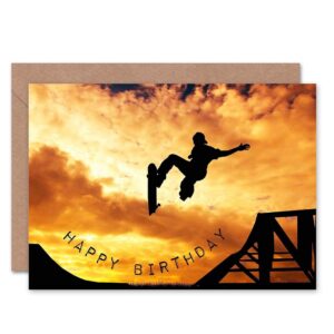 wee blue coo happy birthday skateboard ramp sunset photo blank greetings card