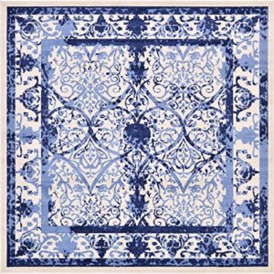 unique loom la jolla collection vintage, contemporary, border, ornate, traditional area rug, 10 ft x 10 ft, blue/ivory