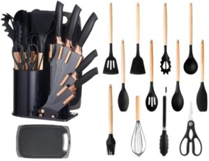 kitchen cooking utensils set, 19 pcs non-stick silicone cooking utensils and knife sets with holder,ultra sharp chef knives, scissors and cutting board,heat resistant,turner, spatula,wooden handle