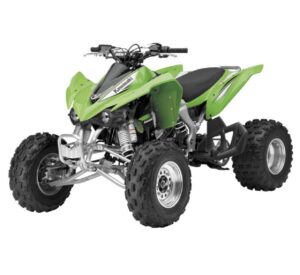 orange cycle parts 1:12 scale toy green kawasaki kfx 450r atv 4-wheeler die-cast replica by newray 57503