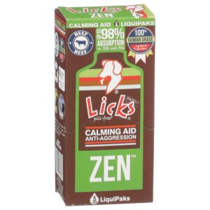 licks pill free zen dog calming - calming aid supplements for aggressive behavior and nervousness - calming dog treats for stress relief & dog health - gel packets - braised beef flavor, 5 use