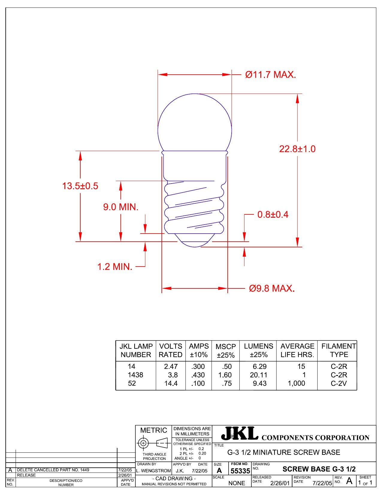 G-3 1/2 Screw Base Lamp 14.4V - 52 Bulb - Pack of 100