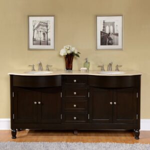 silkroad exclusive hyp-0717-cm-uwc-72 cream marfil marble stone top double sink bathroom vanity with cabinet, 72", brown