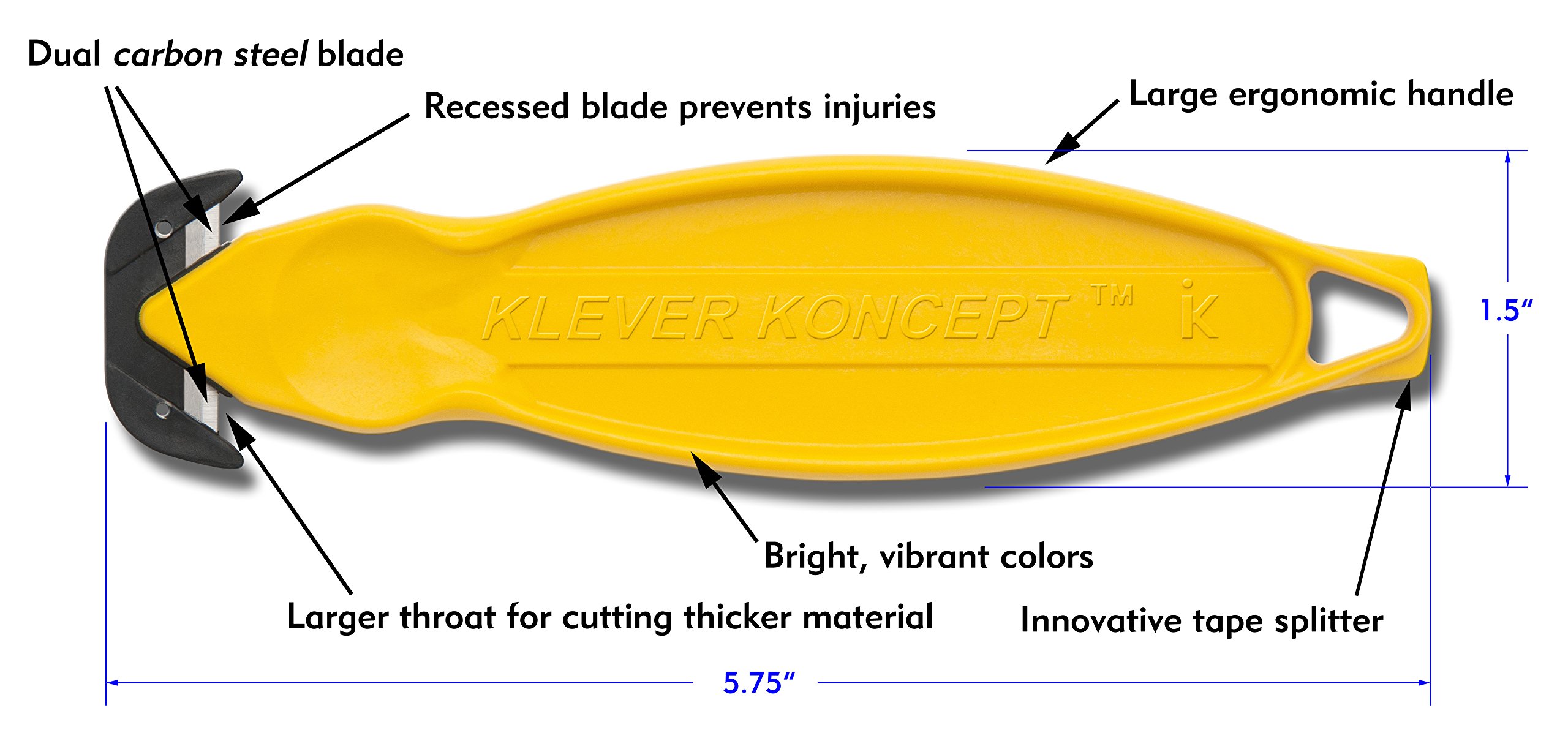 Klever Koncept (By Klever Kutter) 3/Pack Safety Box Cutter, Box Cutter, Prevents Costly Injuries and Accidental Damaged Product, Dual Sided Lasts Twice As Long As A Traditional Box Cutter, Disposable