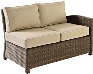 crosley furniture bradenton outdoor sectional right side loveseat, 2-person wicker patio couch for deck, brown with sand cushions