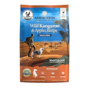 addiction wild kangaroo & apples - dry dog food - limited ingredient novel protein - muscle and weight management - grain-free - ideal for dogs with food allergies - crafted in new zealand 4lb