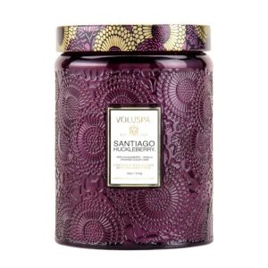 voluspa santiago huckleberry, large candle jar, 18 oz, 100 hour burn time, all natural wicks and coconut wax for clean burning, vegan, poured in the usa