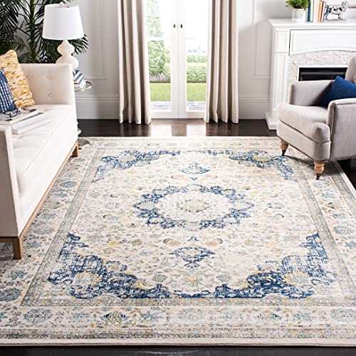 SAFAVIEH Evoke Collection Area Rug - 9' x 12', Ivory & Blue, Shabby Chic Oriental Medallion Design, Non-Shedding & Easy Care, Ideal for High Traffic Areas in Living Room, Bedroom (EVK220C)