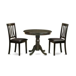 east west furniture anti3-cap-lc antique 3 piece kitchen set contains a round table with pedestal and 2 faux leather dining room chairs, 36x36 inch