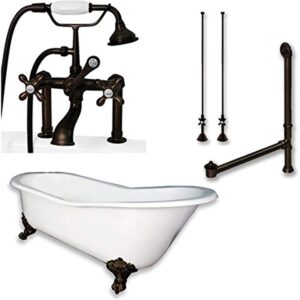 cambridge plumbing st67-463d-6-pkg-orb-7dh cast iron slipper claw foot tub 67" x 30" package with six" deck mount risers