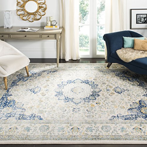 SAFAVIEH Evoke Collection Area Rug - 9' x 12', Ivory & Blue, Shabby Chic Oriental Medallion Design, Non-Shedding & Easy Care, Ideal for High Traffic Areas in Living Room, Bedroom (EVK220C)