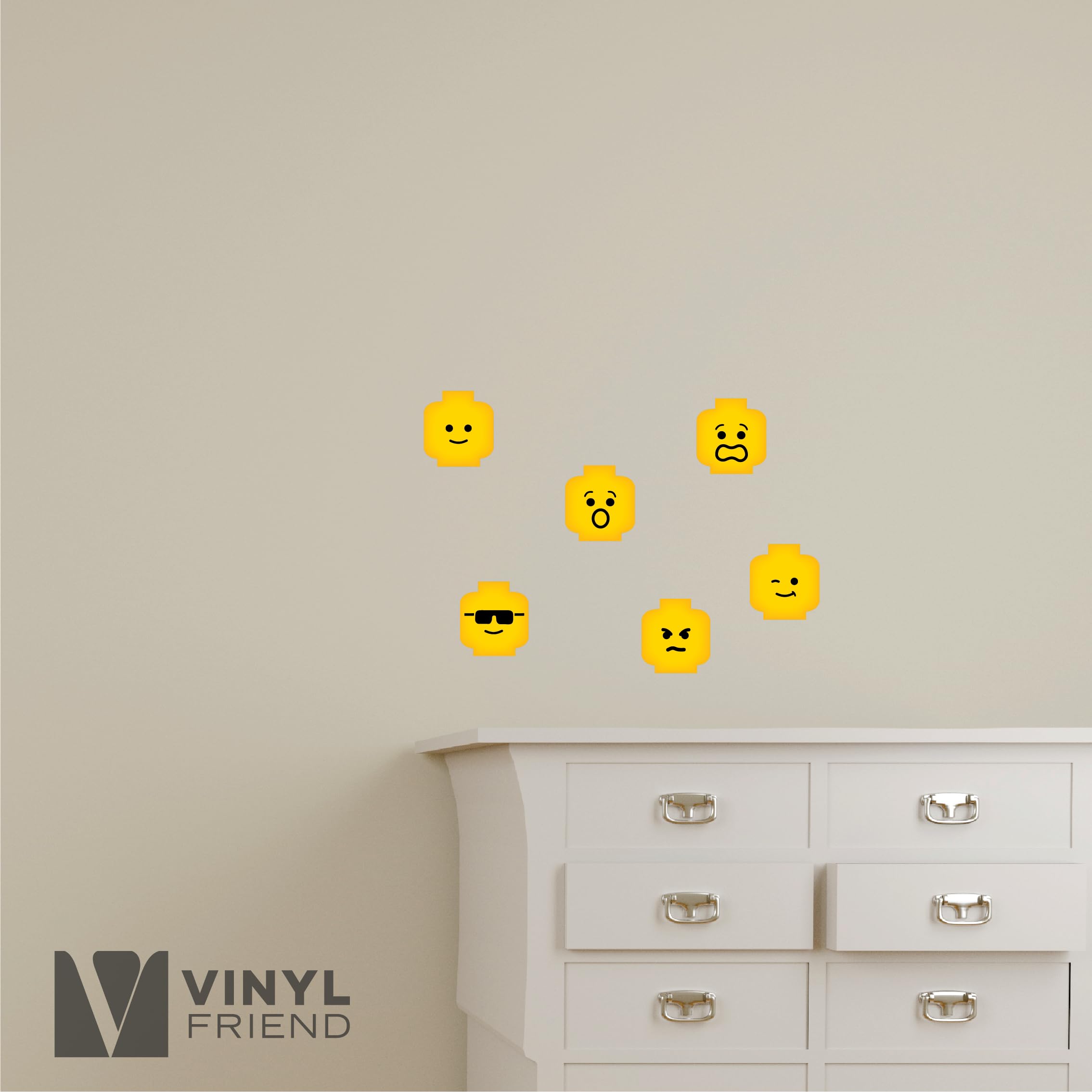 6 Minifig Heads Emotions Faces Wall Decor - 2.6" by 2.4" - Vinyl Stickers Digital Print Graphic for You Kids Brickbuilder and Masterbuilder Theme Room (Vinyl, XSmall)