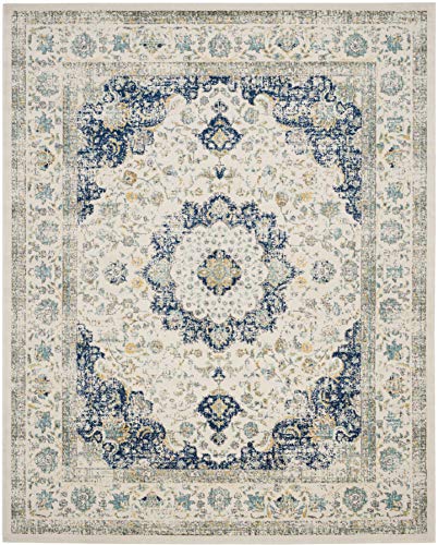 SAFAVIEH Evoke Collection Area Rug - 9' x 12', Ivory & Blue, Shabby Chic Oriental Medallion Design, Non-Shedding & Easy Care, Ideal for High Traffic Areas in Living Room, Bedroom (EVK220C)