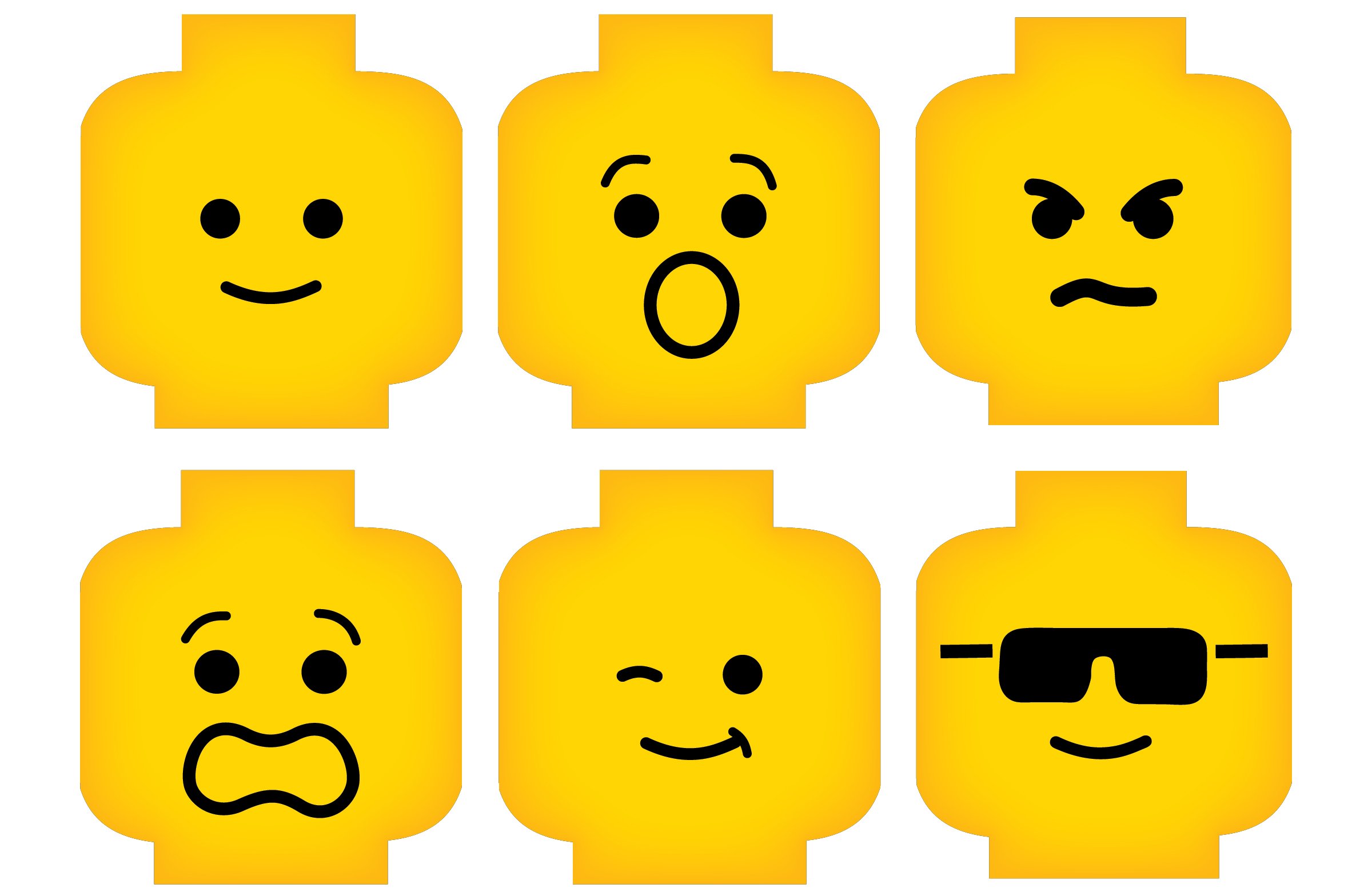 6 Minifig Heads Emotions Faces Wall Decor - 2.6" by 2.4" - Vinyl Stickers Digital Print Graphic for You Kids Brickbuilder and Masterbuilder Theme Room (Vinyl, XSmall)