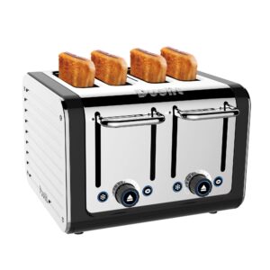 dualit design series 4 slice toaster | polished stainless steel with black trim | extra-wide slots – peek and pop function – patented perfect toast technology – matching kettle available