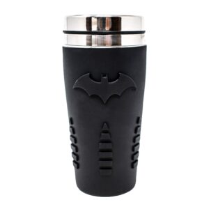 paladone batman travel mug with silicone grip sleeve, 15oz, insulated stainless steel tumbler with lid, officially licensed dc comics coffee mug