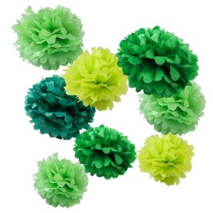 wyzworks set of 8 (assorted green color pack) 8" 12" 14" diy tissue pom poms flower party decorations for weddings, birthday, bridal, summer, baby showers nursery décor, halloween